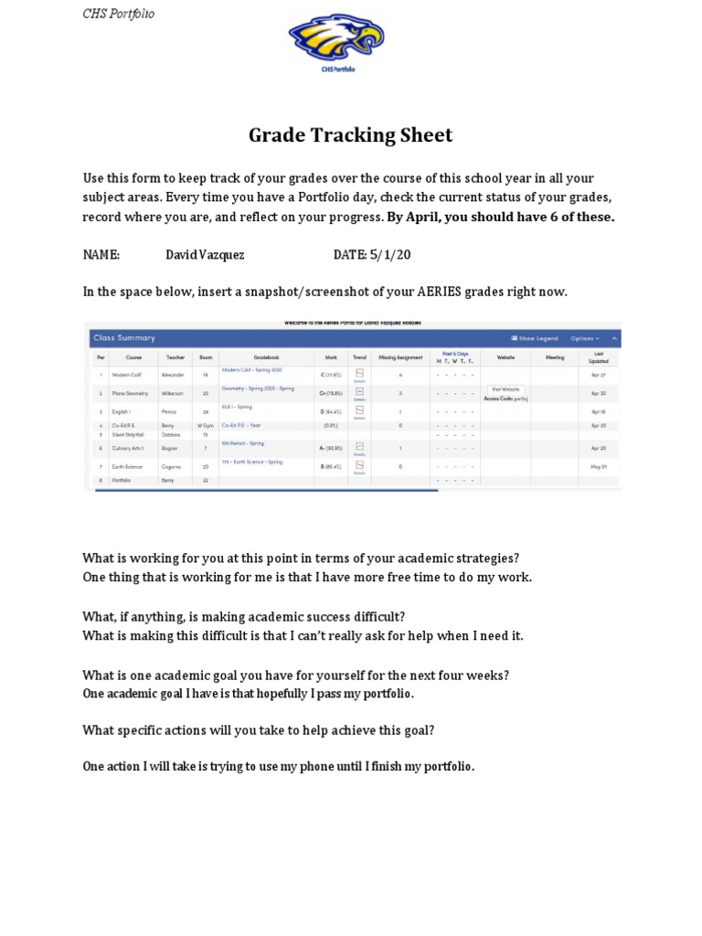 Grade Tracking Portfolio Template | PDF