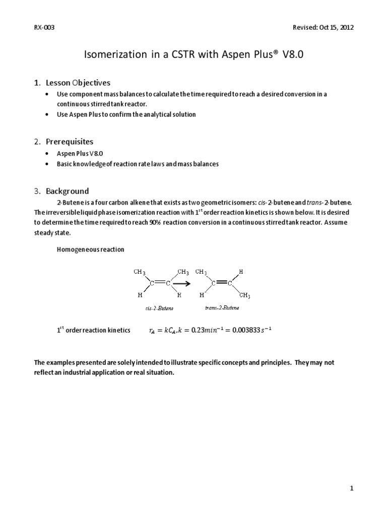Isomerization in A CSTR With Aspen Plus® V8.0: 1. Lesson Objectives ...
