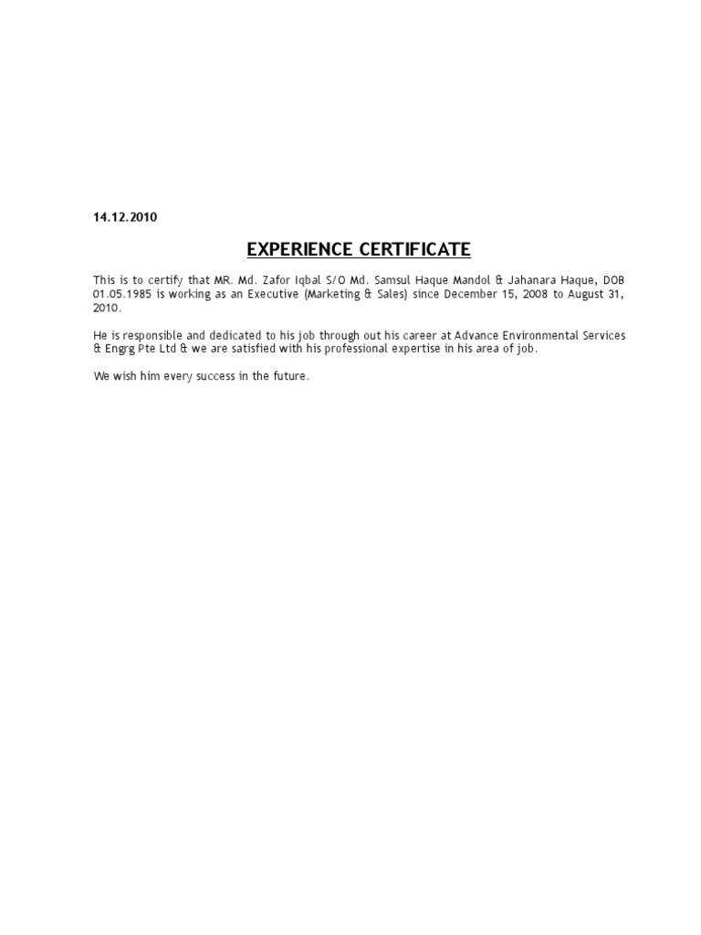 Marketing & Sales Experience Certificate | PDF