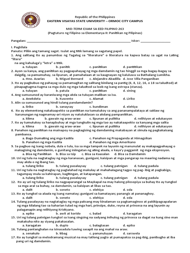 Mid Term Exam PANITIKAN SA PILIPINAS | PDF