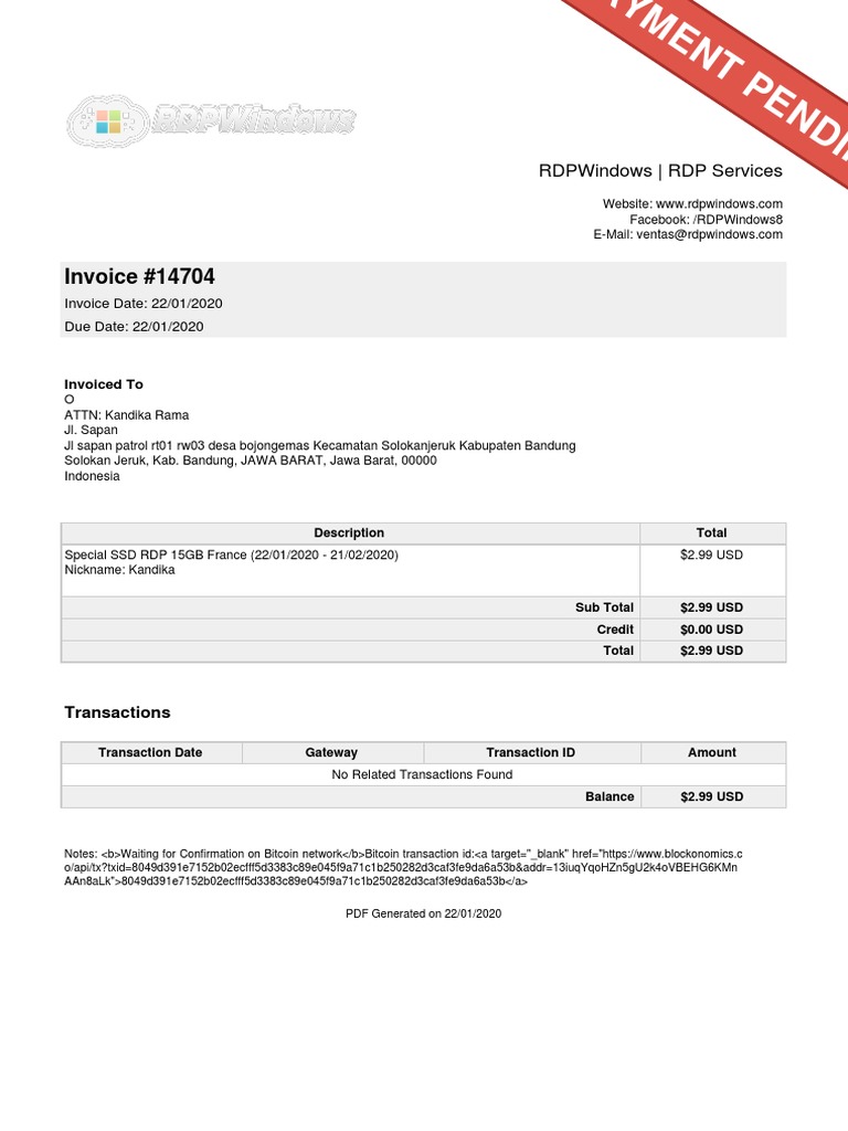 Invoice #14704: Rdpwindows - RDP Services | PDF | Business
