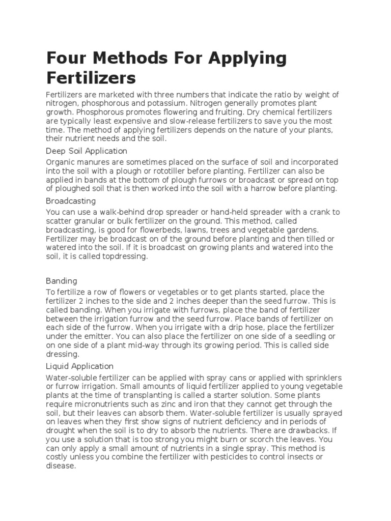 Four Methods For Applying Fertilizers | PDF | Fertilizer | Plough