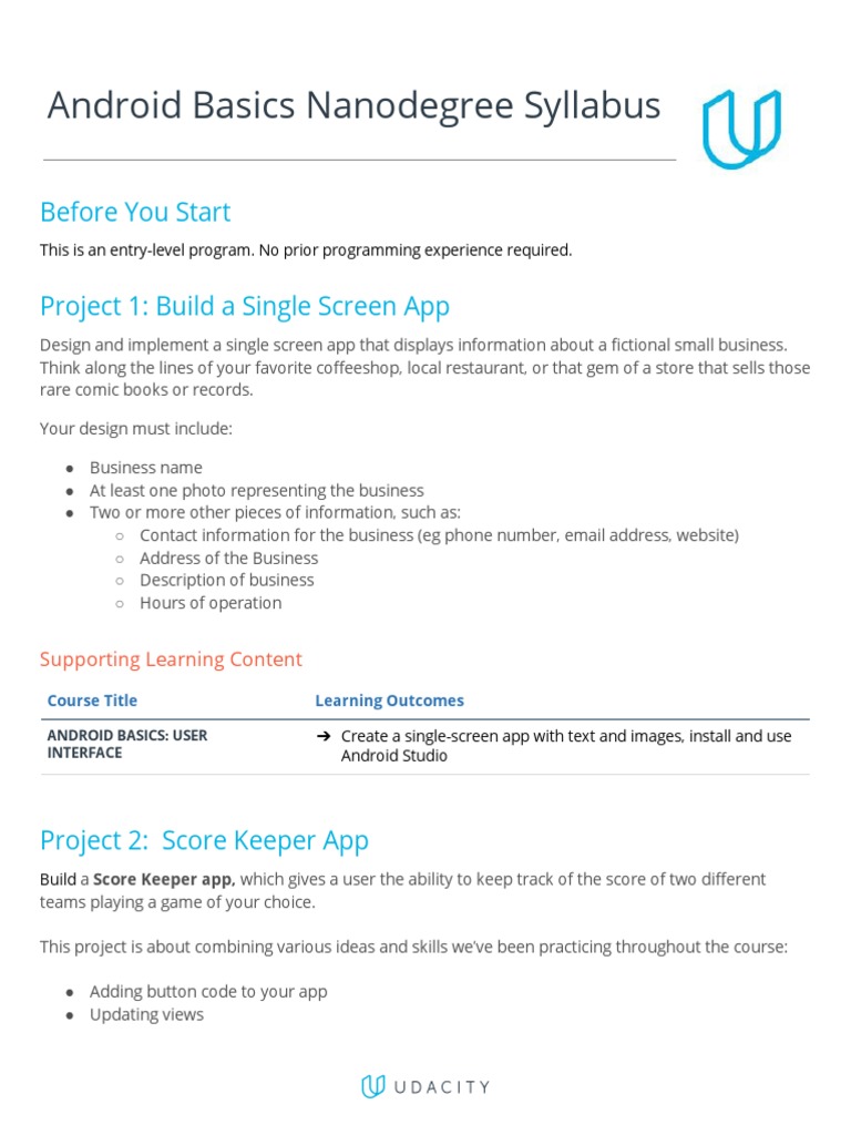 Android Basics Nanodegree Syllabus Before You Start Project 1 Build A Single Screen App Pdf