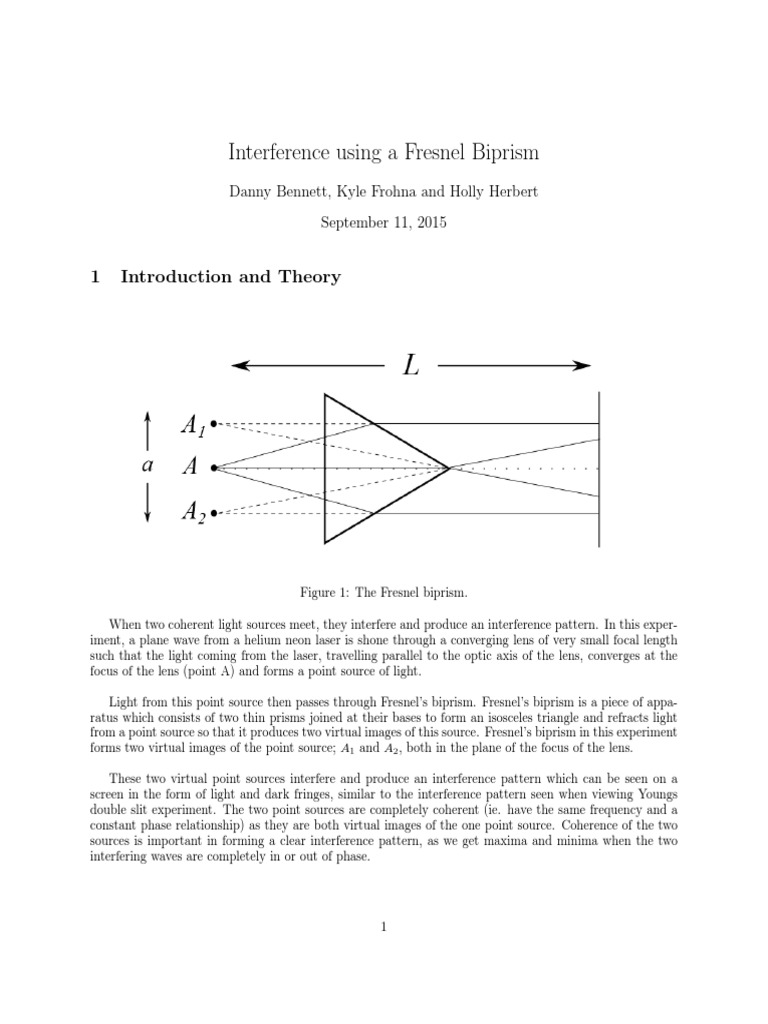 Interference Using A Fresnel Biprism: 1 Introduction and Theory | PDF | Optics | Coherence (Physics)