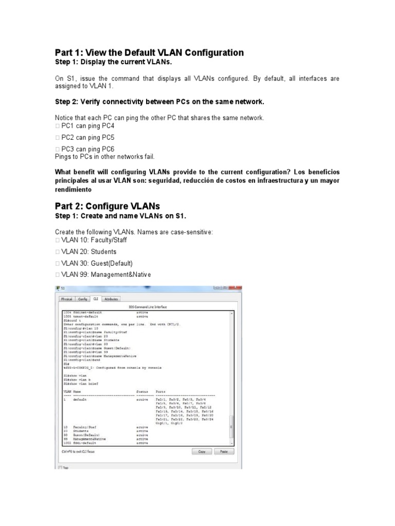 Part 1: View The Default Vlan Configuration: Step 1: Display The Current Vlans | PDF