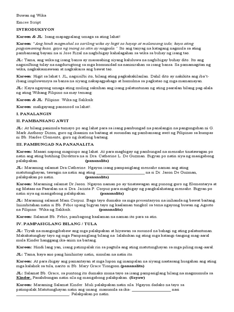 Buwan NG Wika Emcee Script | PDF