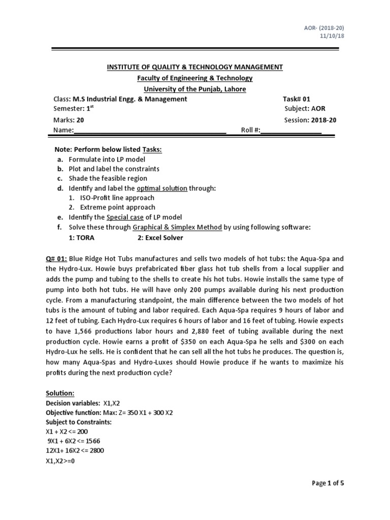 Task # 01 LP - Formulation, Graphical & Simplex Solution | PDF ...