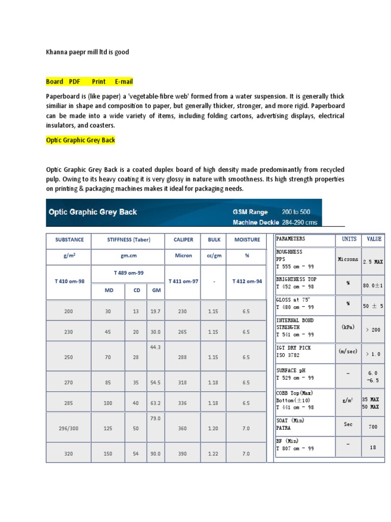 Substance STIFFNESS (Taber) Caliper Bulk Moisture G/M GM - CM Micron CC ...