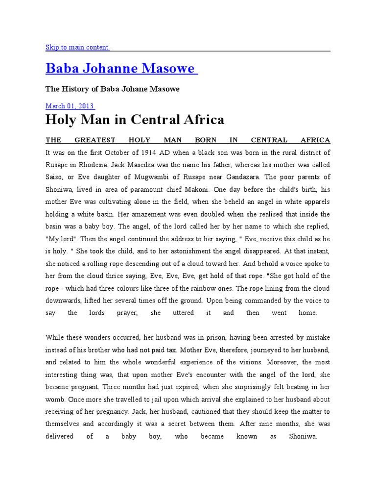 Baba Johanne Masowe: Holy Man in Central Africa | PDF | Genesis Flood ...