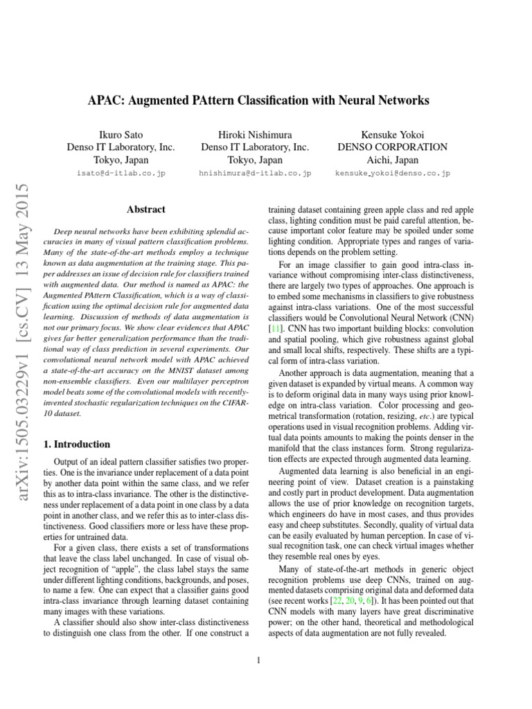 Apac: Augmented Pattern Classification With Neural Networks | PDF | Statistical Classification ...
