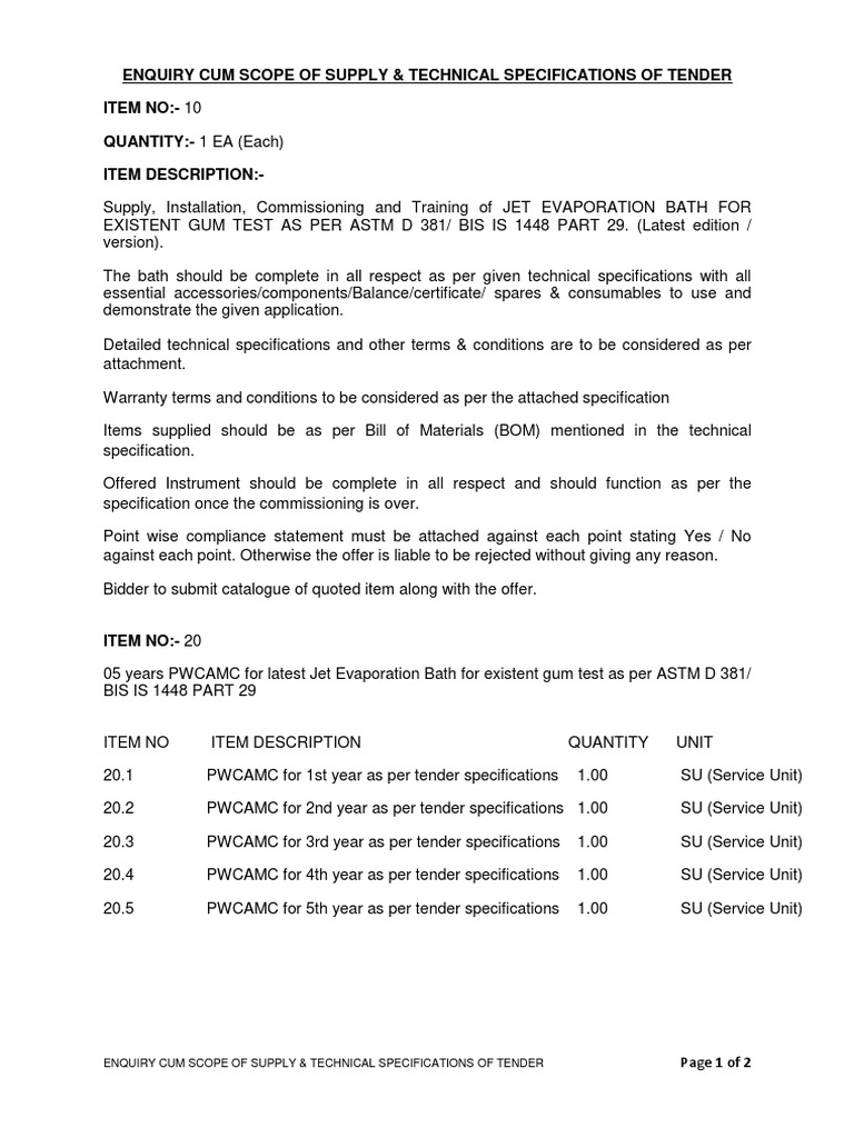 Enquiry Cum Scope of Supply & Technical Specifications of Tender ITEM NO:-10 QUANTITY: - 1 EA ...