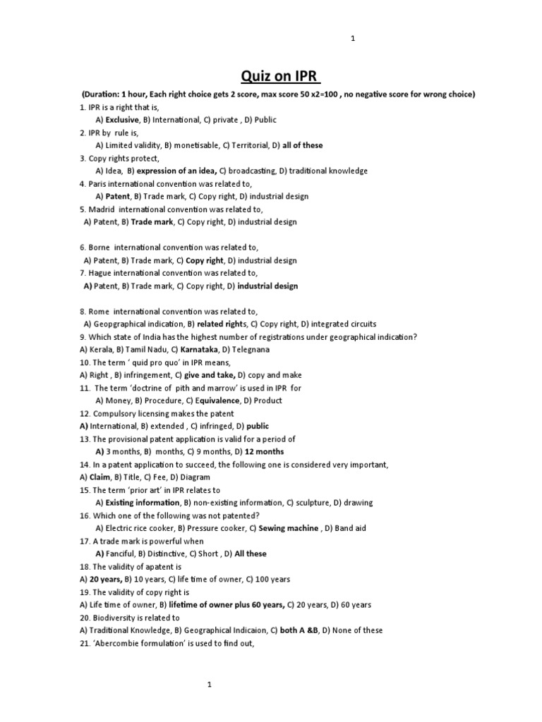 Quiz On IPR | PDF | Patent | Intellectual Property