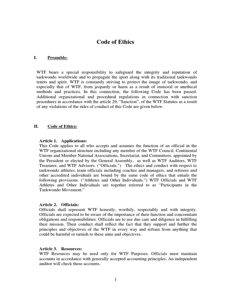 WTF-Code-of-Ethics | PDF | Sports | Discrimination