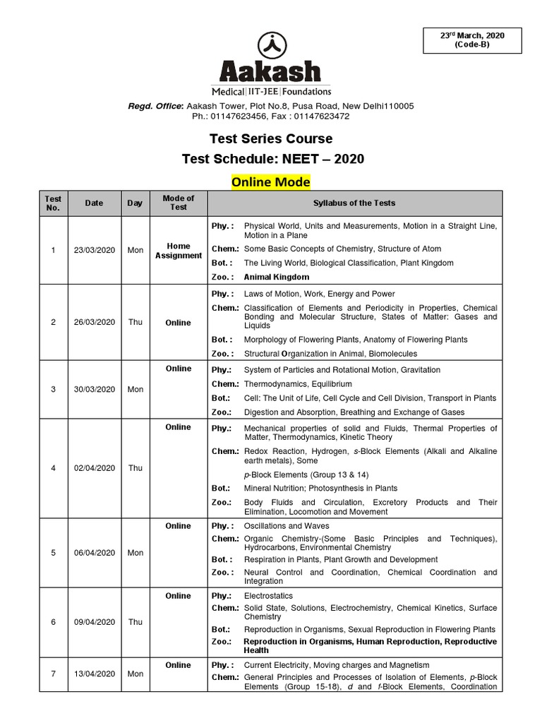 Test Schedule and Guideline For Attempting The Test - B | PDF ...