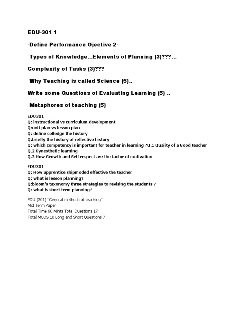 EDU (301) "General Methods of Teaching" Mid Term Paper Total Time 60 Mints Total Questions 17 ...