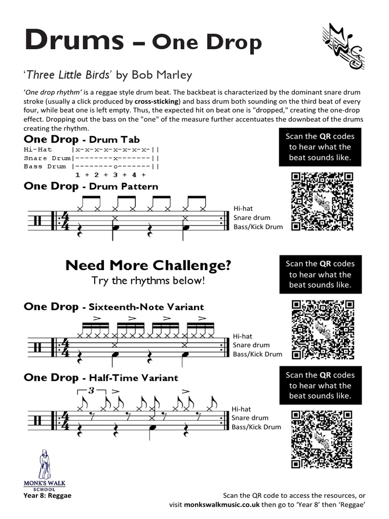Drums: - One Drop | PDF | Drumming | Popular Music