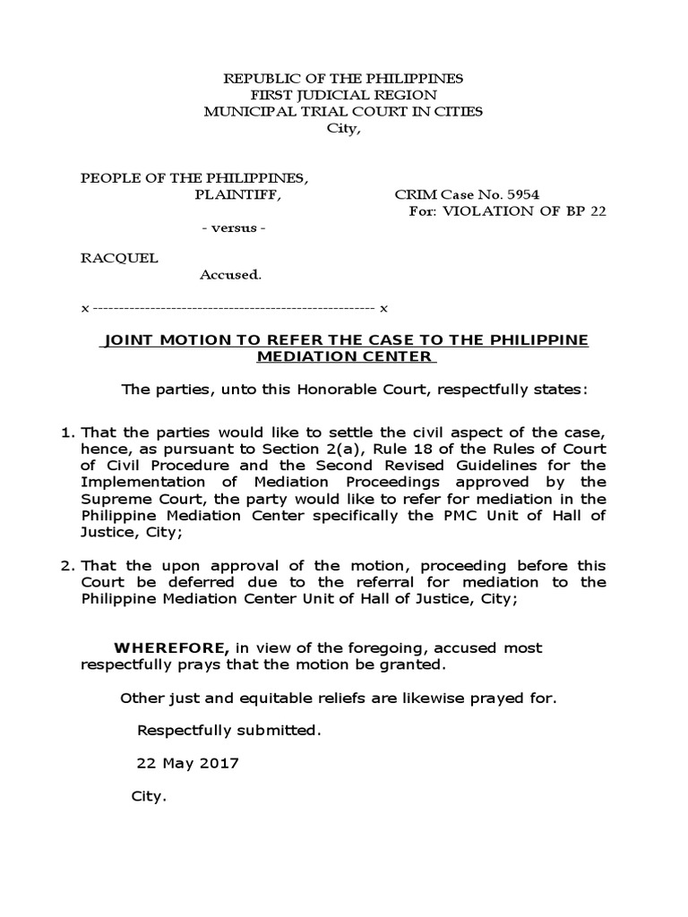 Motion to Refer Case to Mediation | PDF