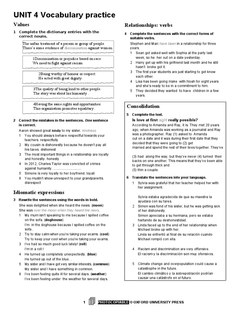 UNIT 4 Vocabulary Practice: Values Relationships: Verbs | PDF ...
