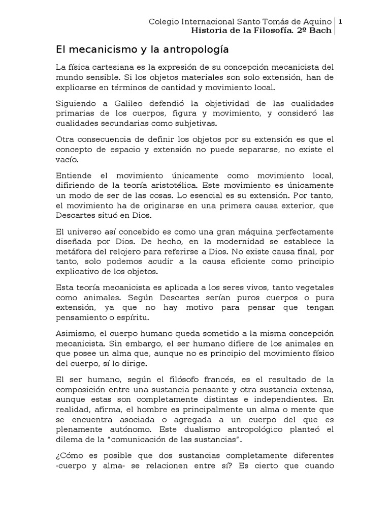 El Mecanicismo y La Antropología | PDF | Alma | René Descartes
