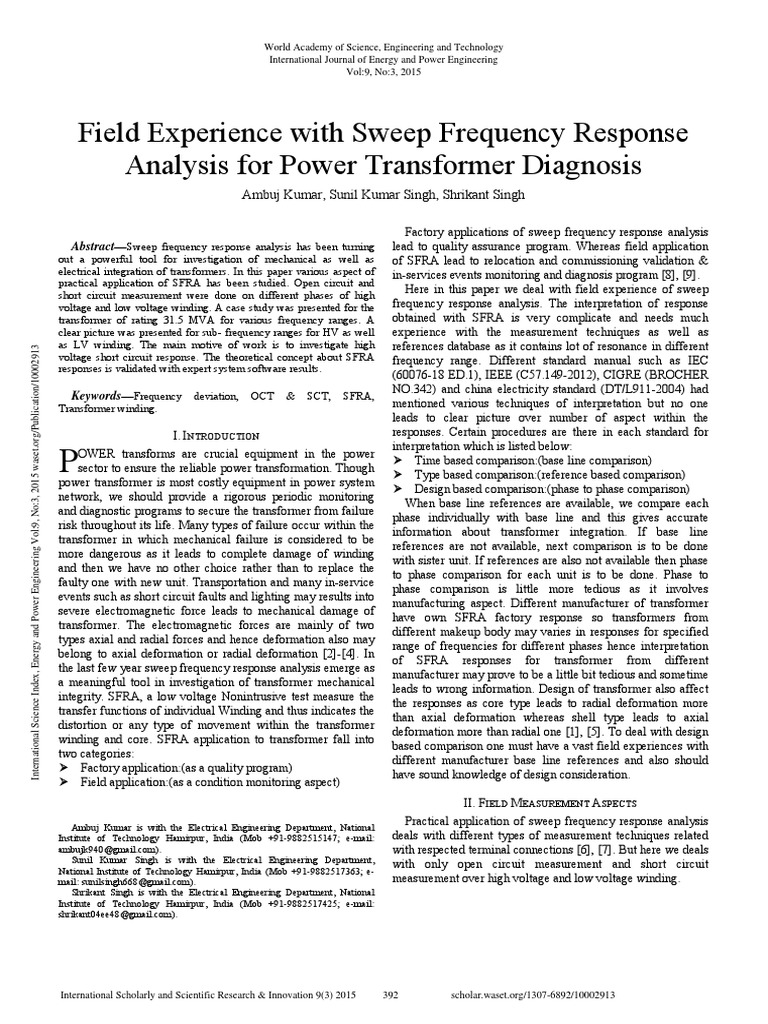 Field Experience With Sweep Frequency Response Analysis For Power ...