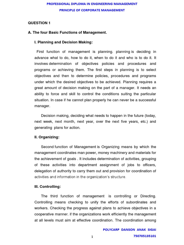 A. The Four Basic Functions of Management. I. Planning and Decision Making | PDF | Competence ...