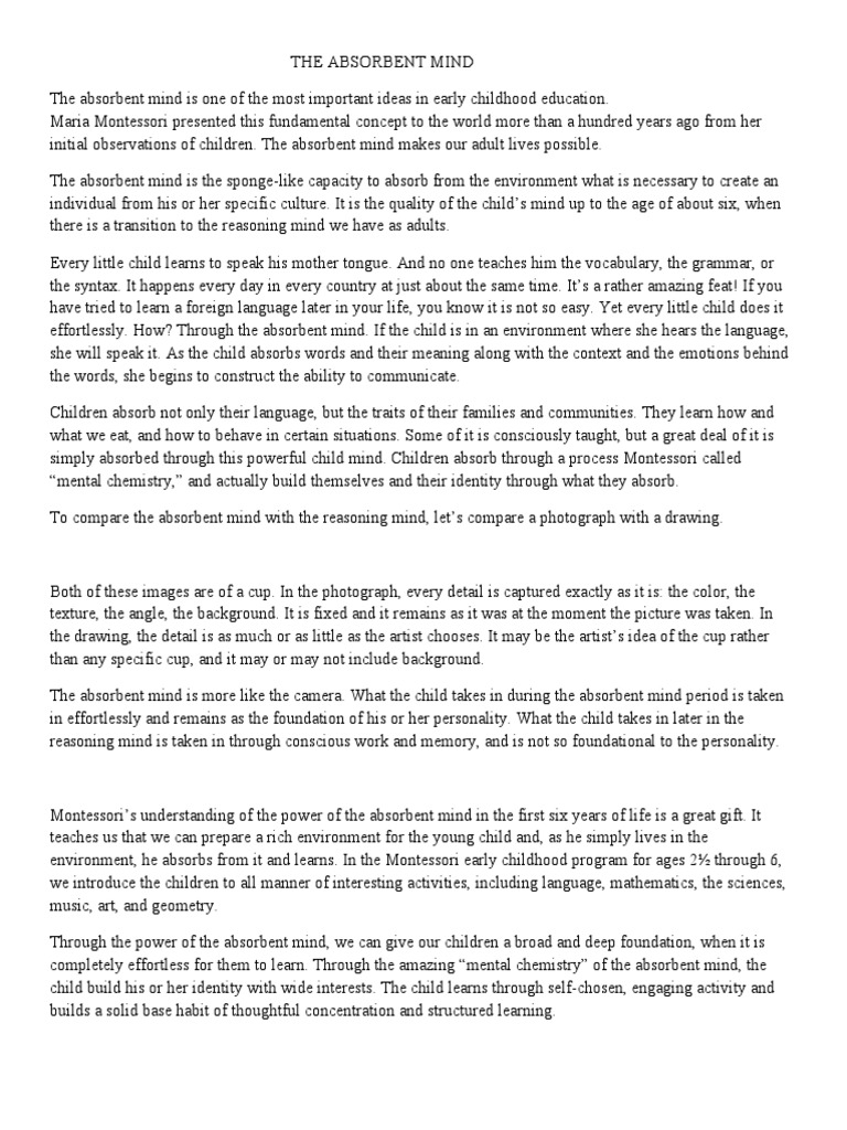 The Absorbent Mind | Download Free PDF | Montessori Education | Mind