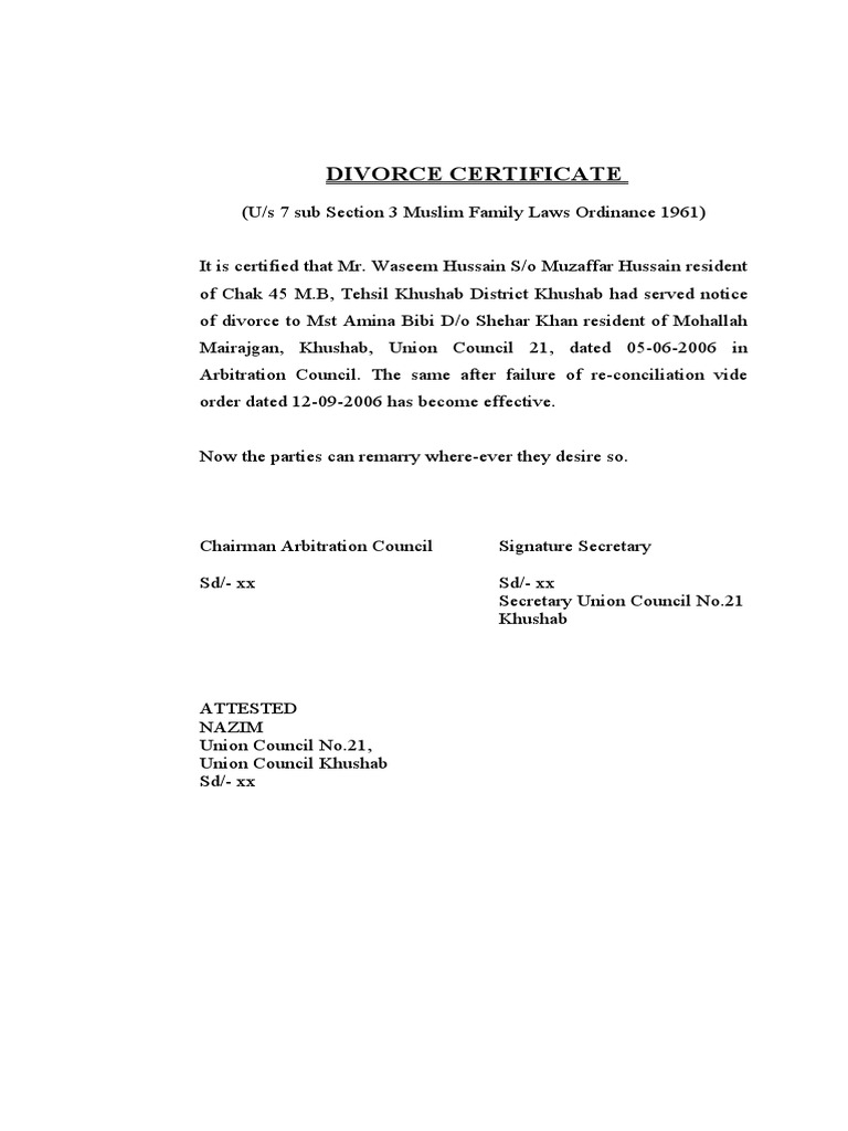 Certificate of Divorce