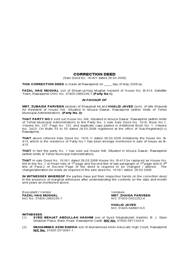 Correction Deed: in Favour of | PDF | Civil Law (Common Law) | Common Law
