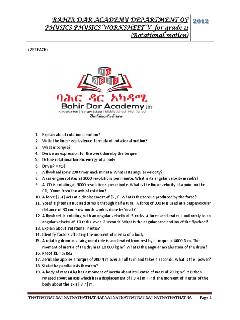 Bahir Dar Academy Department of Physics Physics Worksheet V For Grade ...