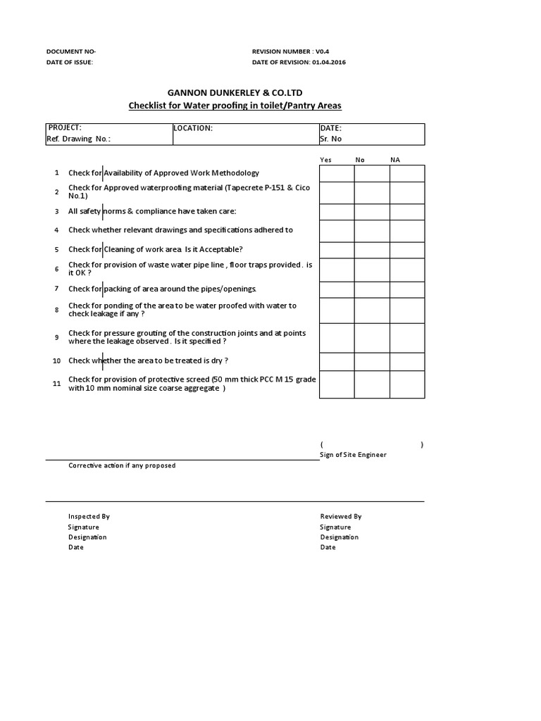 115A - Water Proofing Checklist For Toilet | PDF