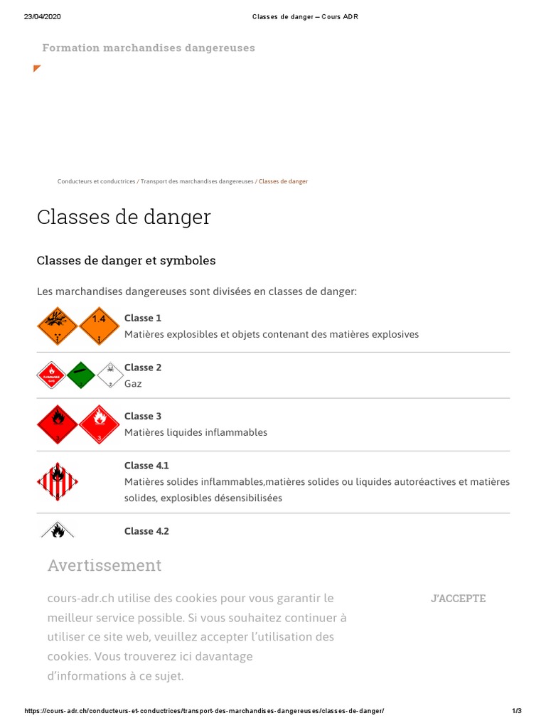 Classes de Danger - Cours ADR | PDF | Matière dangereuse | Chimie