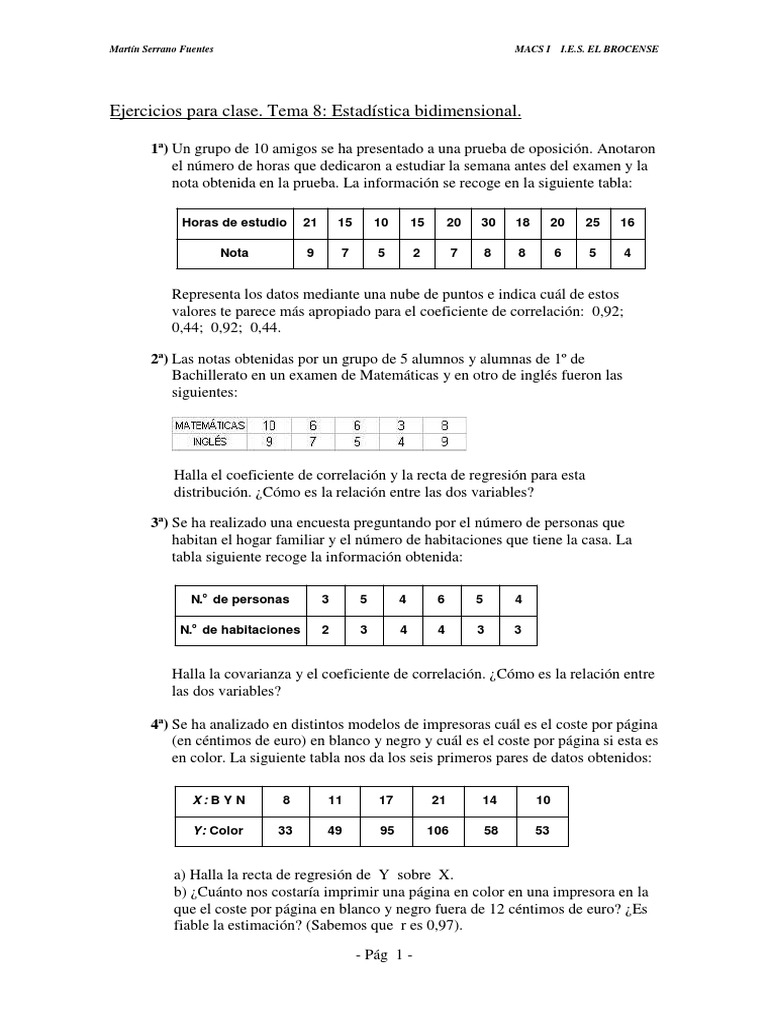 AP-MACS1-ejercicios Tema8 Estadística Bidimensional P20170531 | PDF | Regresión lineal ...