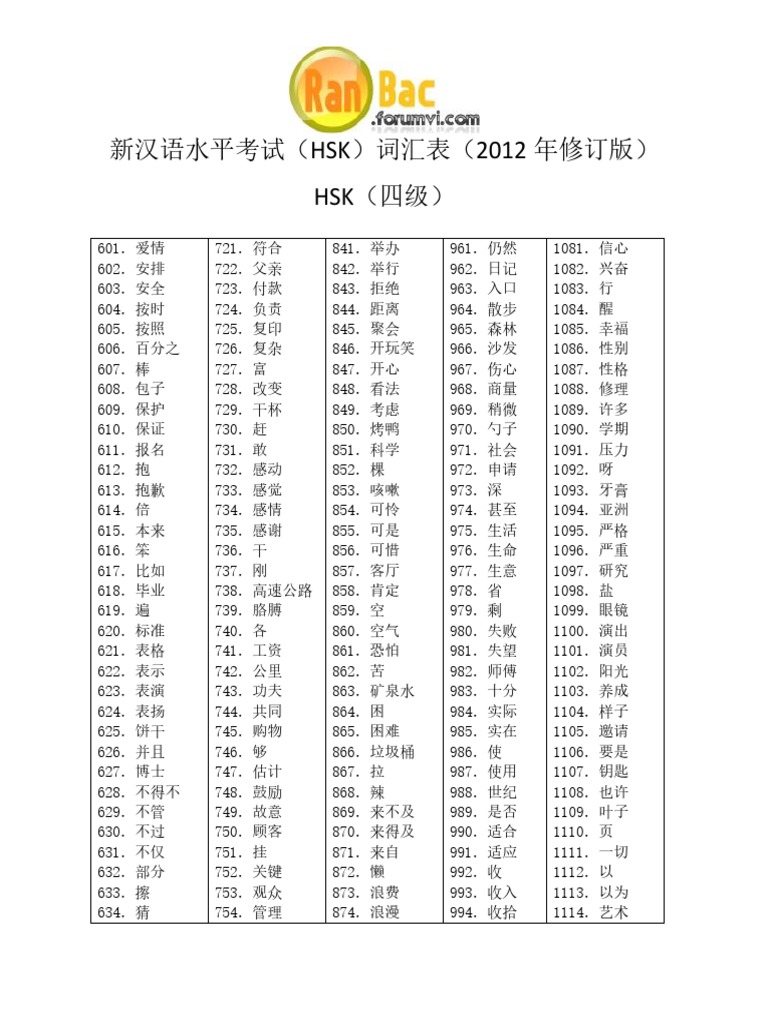 HSK 4 Word List 2012 (New) | PDF