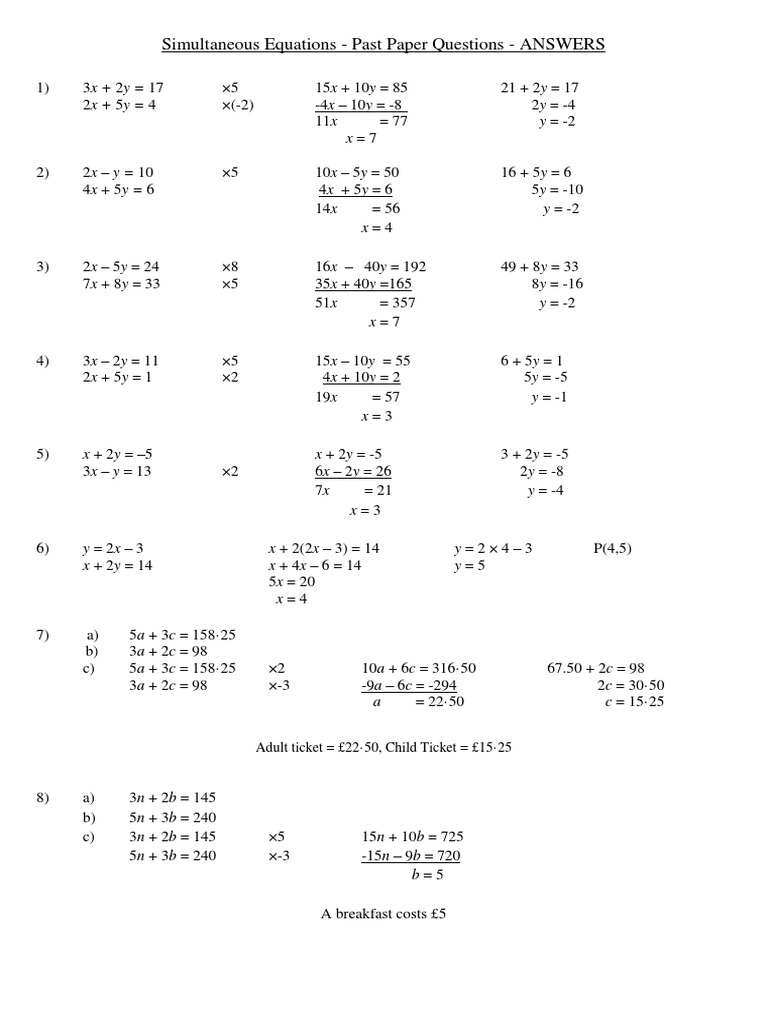 Simultaneous Equations - Past Paper Questions - ANSWERS: Adult Ticket ...