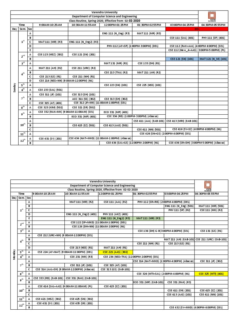Varendra University Department of Computer Science and Engineering Class Routine, Spring-2020 ...