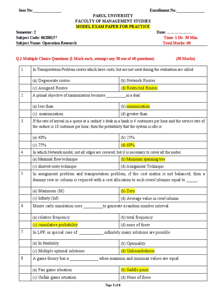 OR Model Question Paper | PDF | Mathematical Optimization | Algorithms