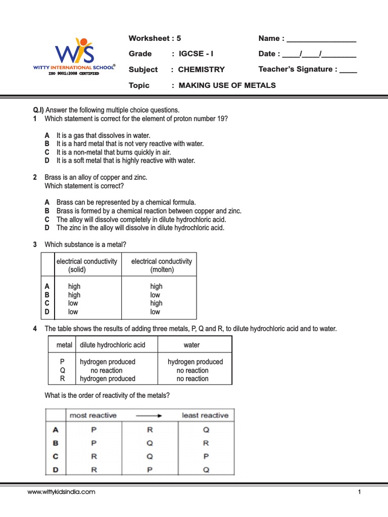 Chemistry Worksheet 5 IG I (1) MAKING USE OF METALS | PDF | Rust | Metals