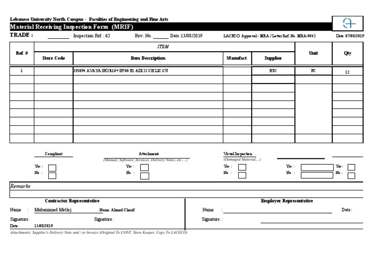Material Receiving Inspection Form (MRIF) : Trade | PDF