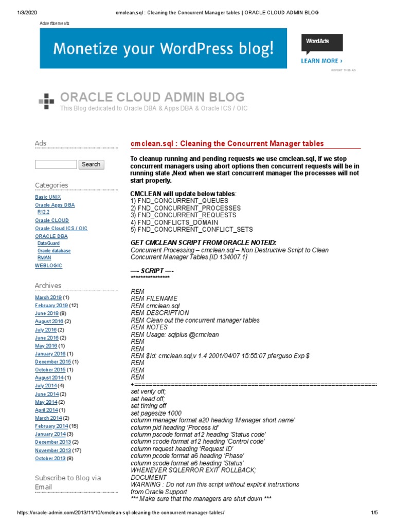Cleaning The Concurrent Manager Tables - ORACLE CLOUD ADMIN BLOG | PDF | Damages | Oracle ...