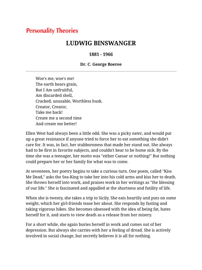 Ludwig Binswanger: Dr. C. George Boeree | PDF | Phenomenology ...