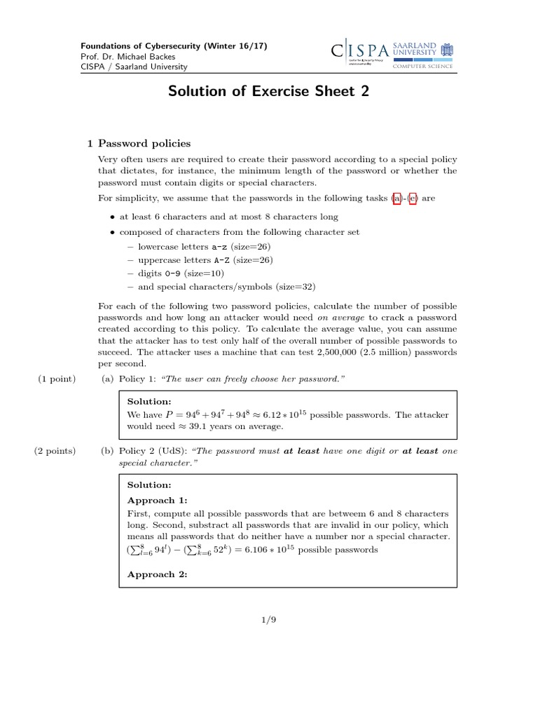 Solution of Exercise Sheet 2: 1 Password Policies | PDF | Password | Access Control