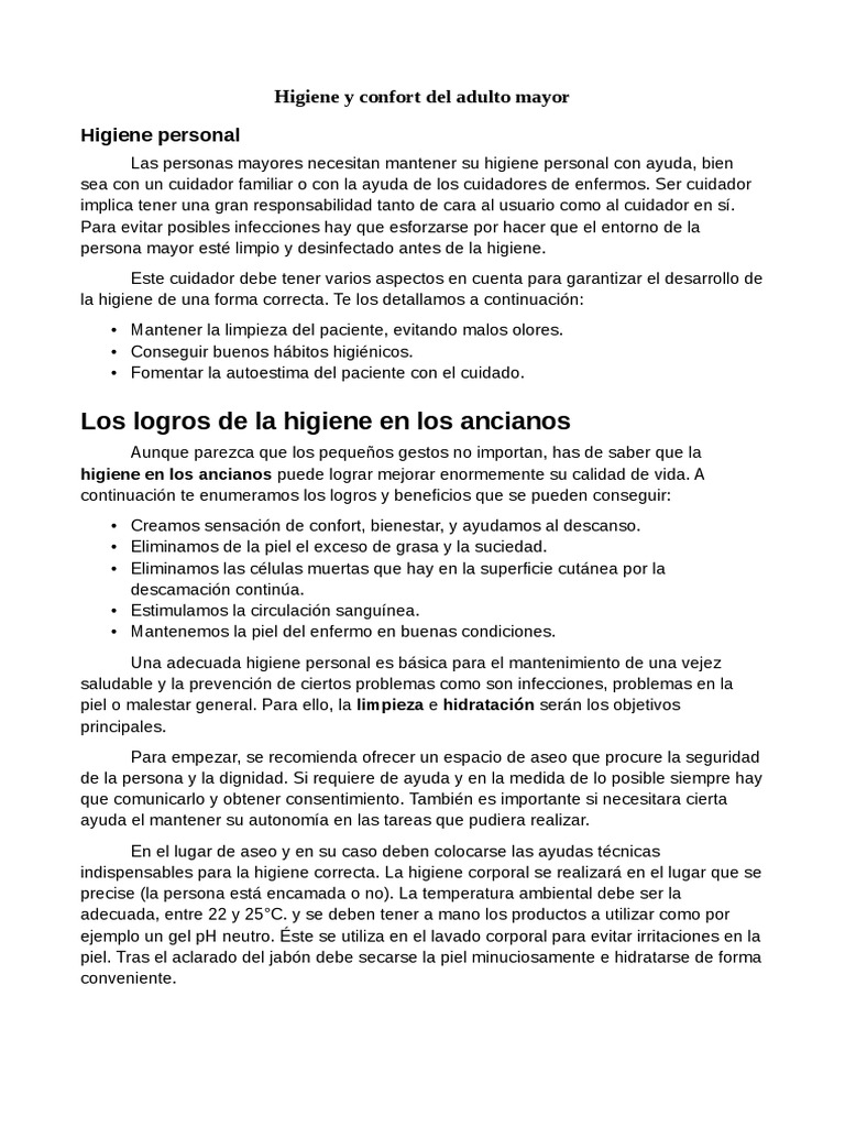 Higiene y Confort Del Paciente | PDF | Higiene | Vejez
