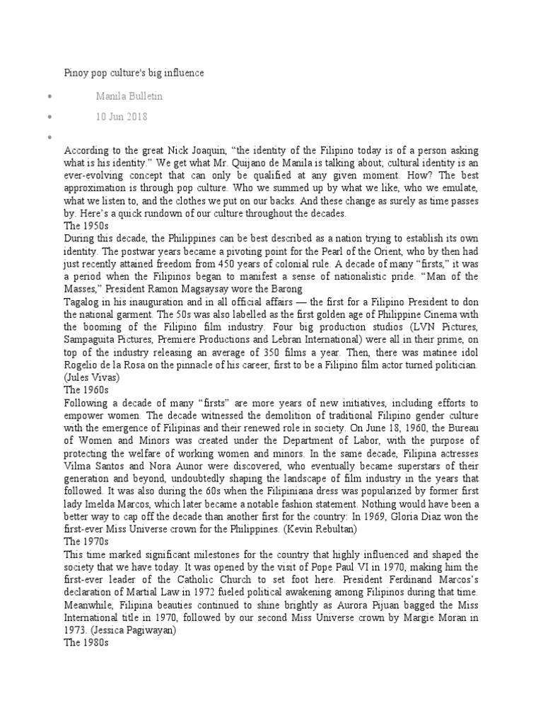 Pinoy Pop Culture's Big Influence: Manila Bulletin 10 Jun 2018 | PDF ...