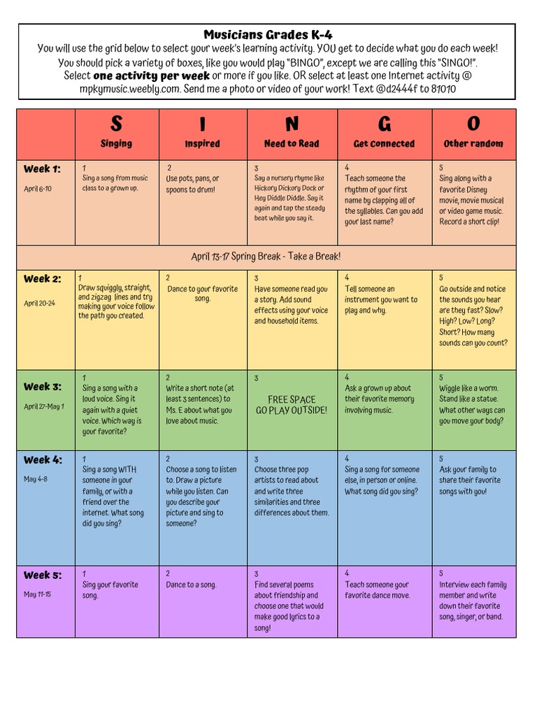 k-4 Music Choice Board-2 | PDF | Entertainment (General)