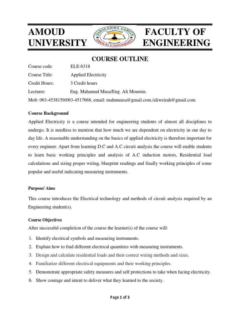 Applied Electricity Course Outline March 2020 PDF | PDF | Electrical Network | Direct Current