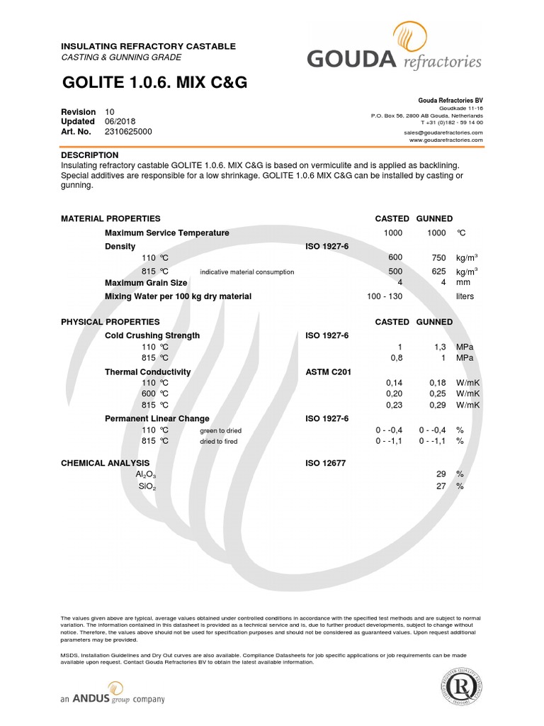 GOLITE 1.0.6. MIX C&G - Rev 10 - 06-2018 | PDF | Refractory | Building ...