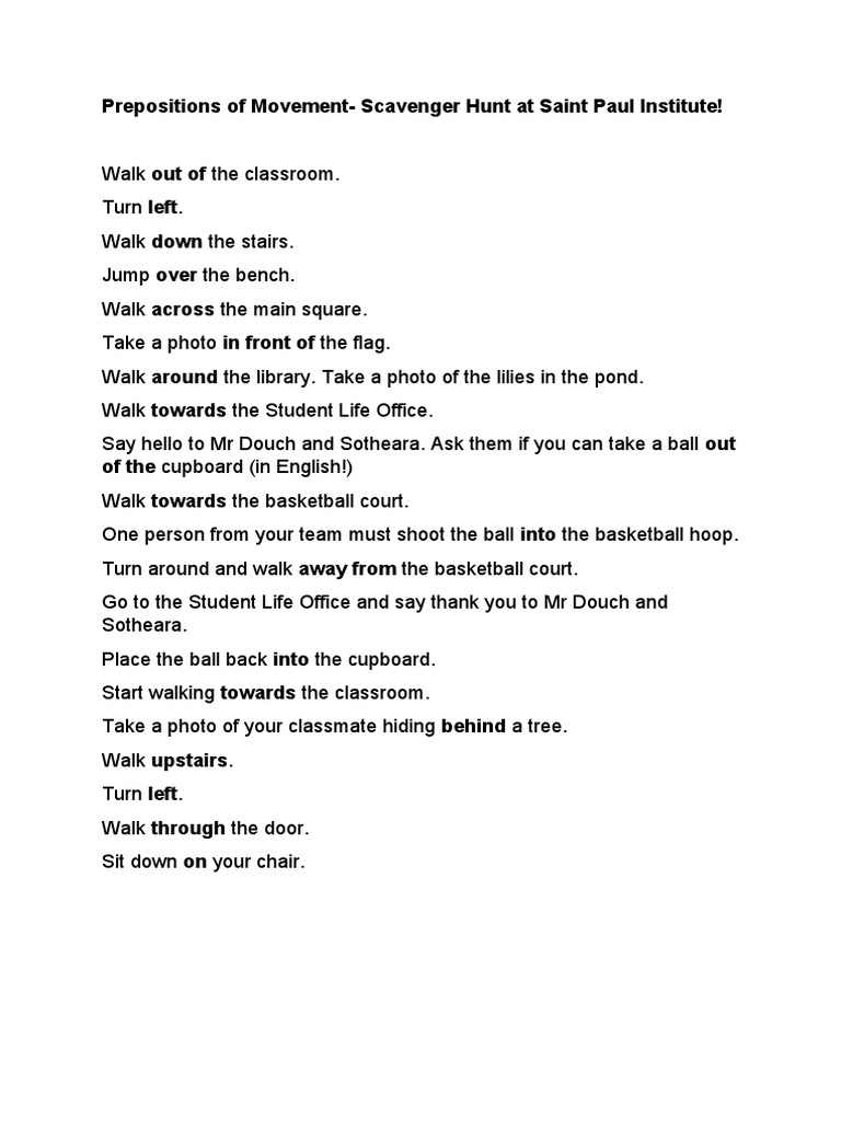 Prepositions of Movement Scavenger Hunt | PDF