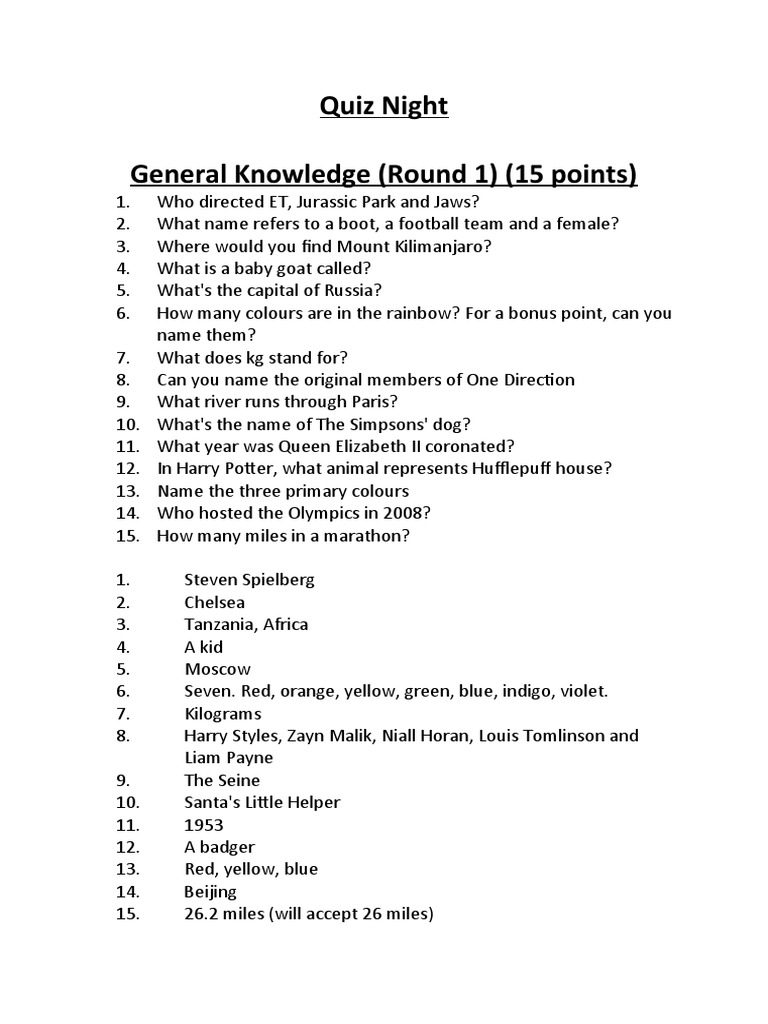 Quiz Night General Knowledge (Round 1) (15 Points) | Download Free PDF ...