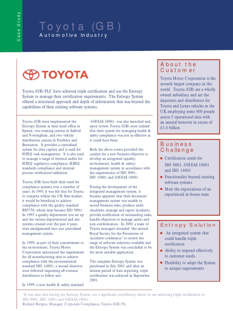 Toyota Case Study | Risk Management | Iso 9000
