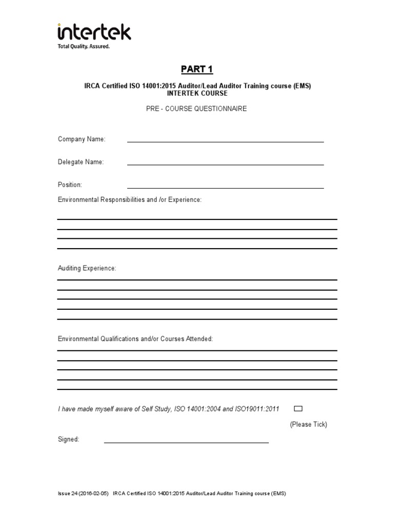 ISO 14001 Pre-Course Questionnaire | PDF